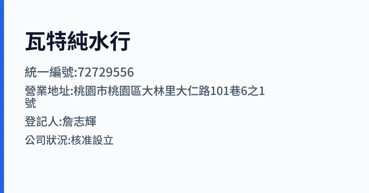 瓦特純水行 - 統編 72729556(桃園市) 公司登記資料與營業項目詳細圖表