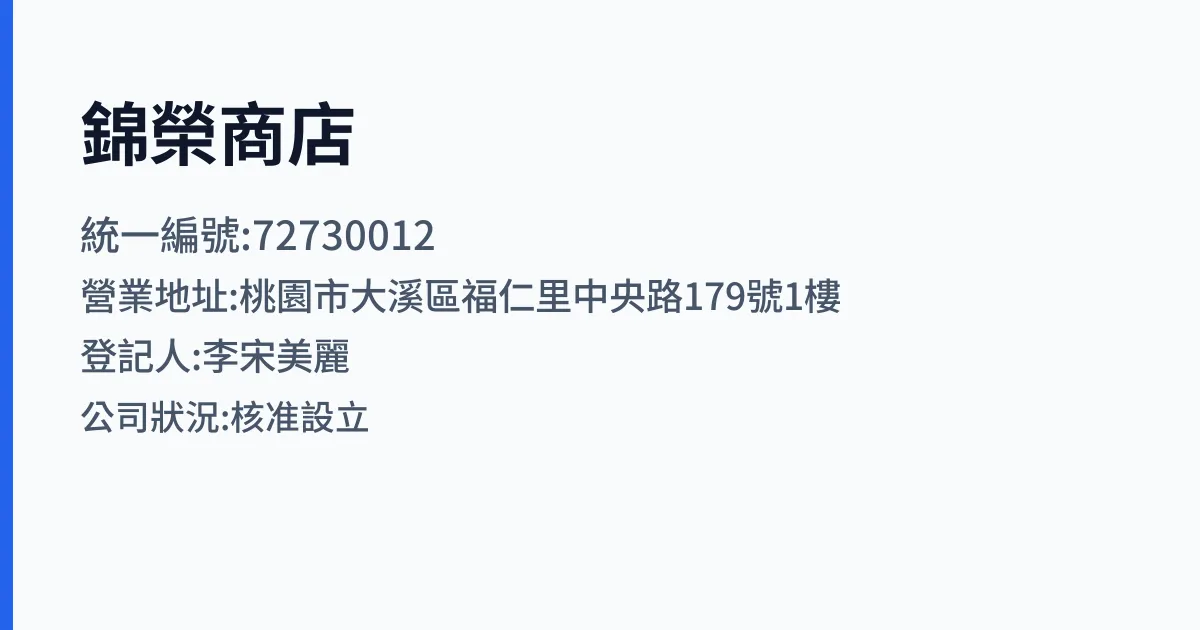 錦榮商店 - 統編 72730012（桃園市） 公司登記資料與營業項目詳細圖表