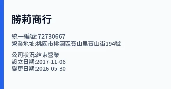 勝莉商行的照片-統編 72730667(桃園市) 公司登記資料與營業項目詳細圖表