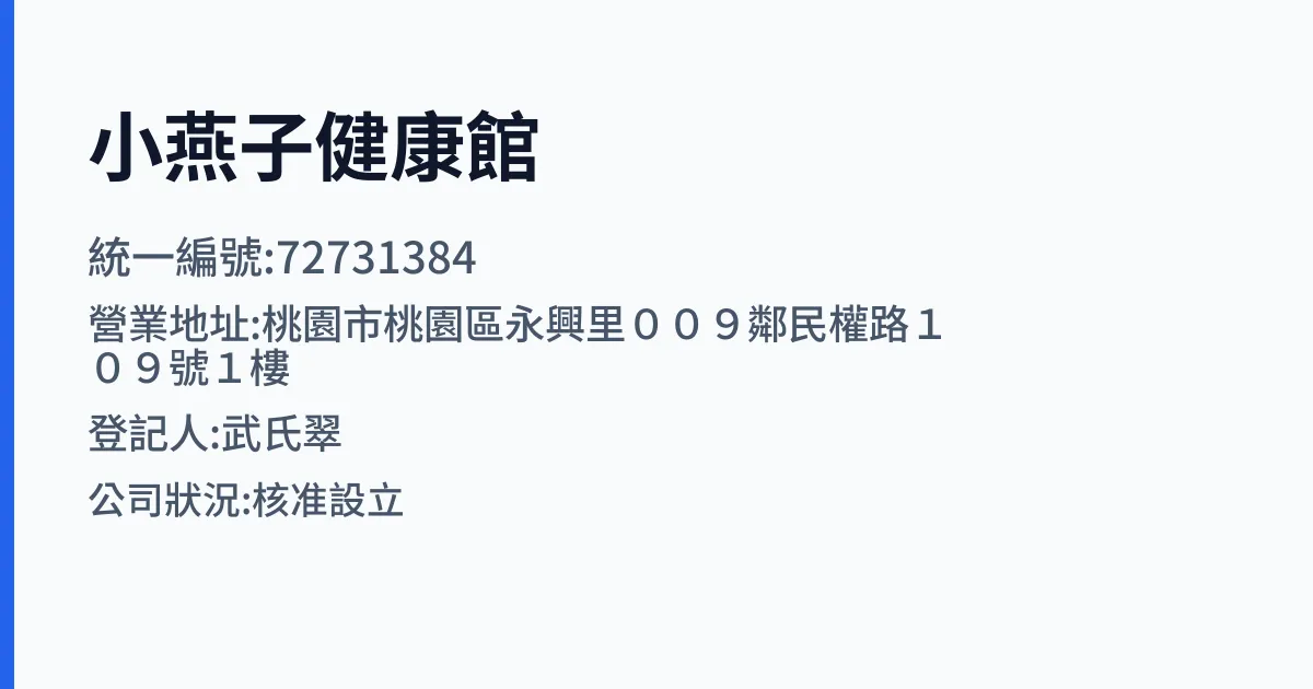 小燕子健康館 - 統編 72731384(桃園市) 公司登記資料與營業項目詳細圖表