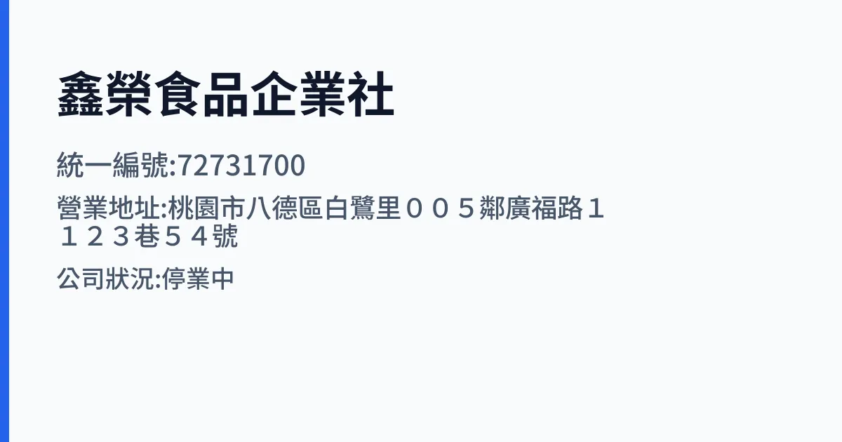 鑫榮食品企業社 - 統編 72731700(桃園市) 公司登記資料與營業項目詳細圖表
