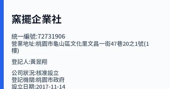 窯擺企業社的照片-統編 72731906(桃園市) 公司登記資料與營業項目詳細圖表