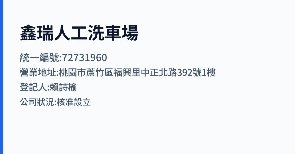 鑫瑞人工洗車場 - 統編 72731960（桃園市） 公司登記資料與營業項目詳細圖表