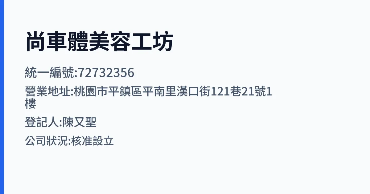 尚車體美容工坊 - 統編 72732356(桃園市) 公司登記資料與營業項目詳細圖表