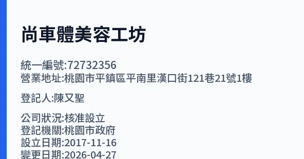 尚車體美容工坊的照片-統編 72732356(桃園市) 公司登記資料與營業項目詳細圖表