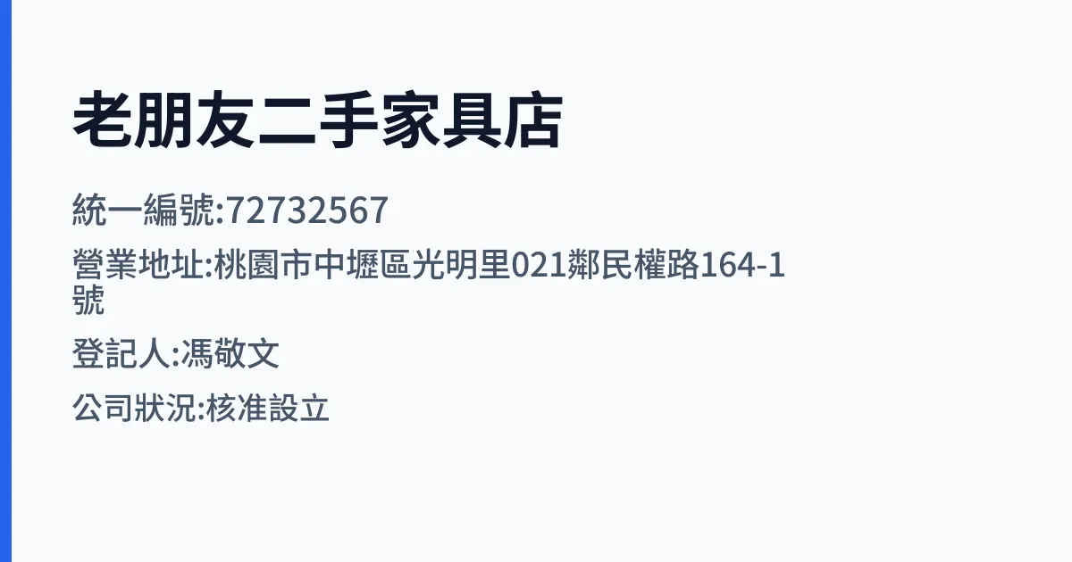 老朋友二手家具店 - 統編 72732567(桃園市) 公司登記資料與營業項目詳細圖表