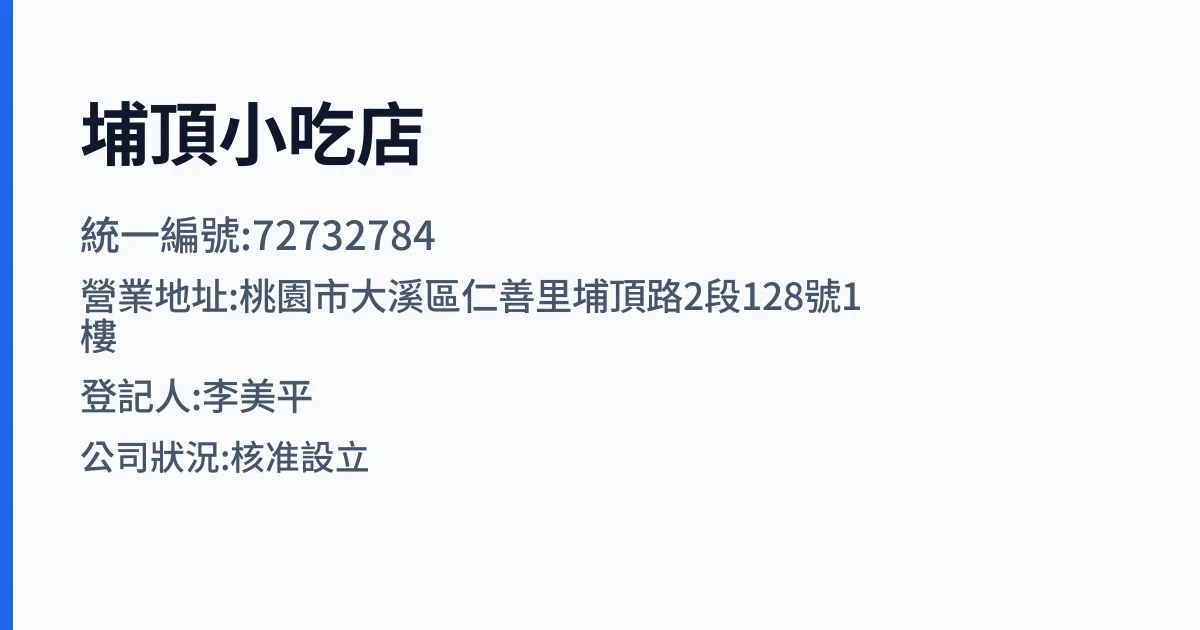 埔頂小吃店 - 統編 72732784(桃園市) 公司登記資料與營業項目詳細圖表