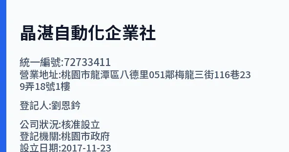 晶湛自動化企業社的照片-統編 72733411(桃園市) 公司登記資料與營業項目詳細圖表