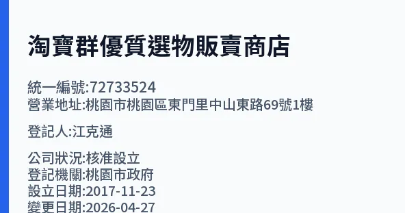 淘寶群優質選物販賣商店的照片-統編 72733524(桃園市) 公司登記資料與營業項目詳細圖表