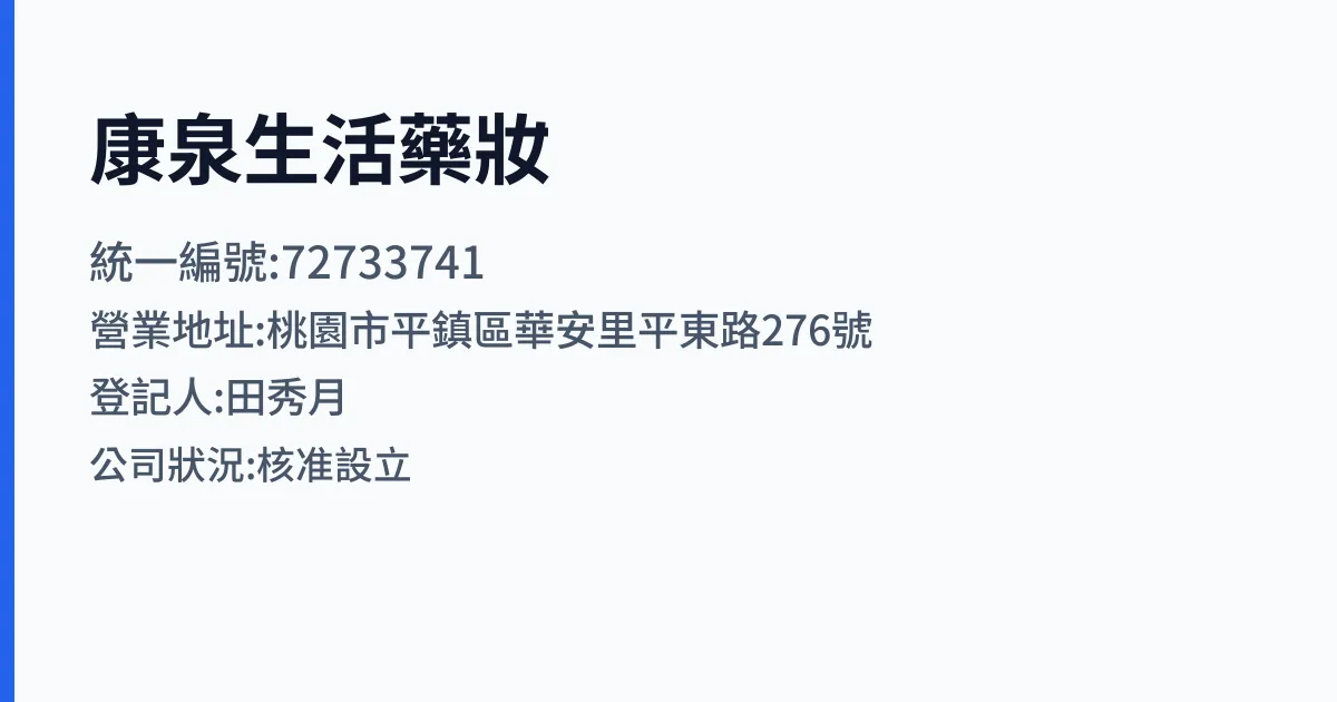 康泉生活藥妝 - 統編 72733741(桃園市) 公司登記資料與營業項目詳細圖表