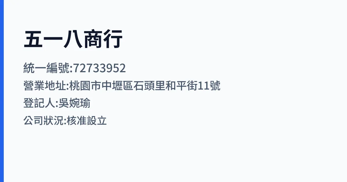 五一八商行 - 統編 72733952(桃園市) 公司登記資料與營業項目詳細圖表