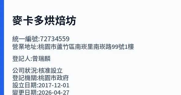 麥卡多烘焙坊的照片-統編 72734559(桃園市) 公司登記資料與營業項目詳細圖表