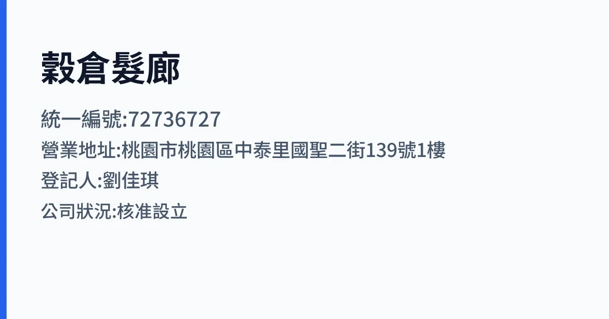 穀倉髮廊 - 統編 72736727(桃園市) 公司登記資料與營業項目詳細圖表