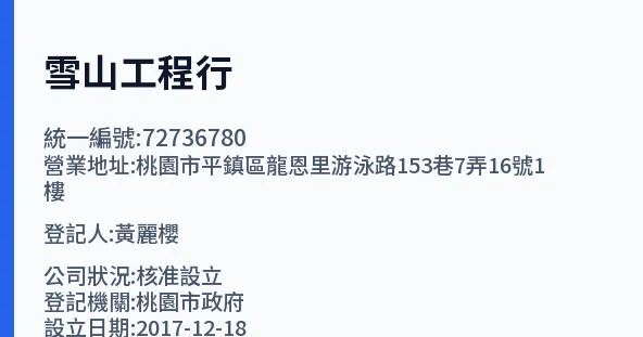 雪山工程行的照片-統編 72736780(桃園市) 公司登記資料與營業項目詳細圖表