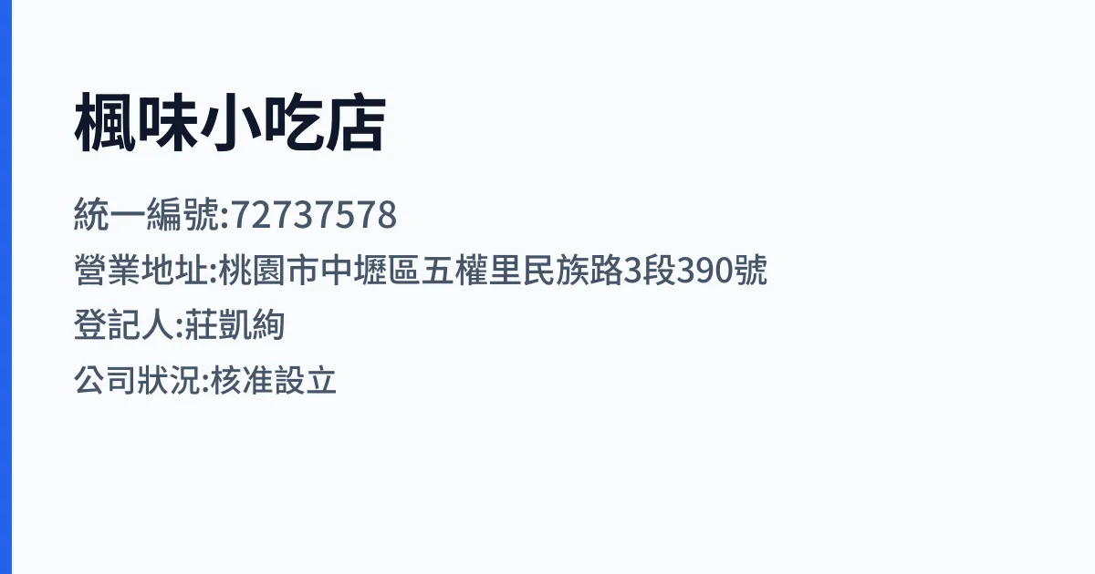 楓味小吃店 - 統編 72737578(桃園市) 公司登記資料與營業項目詳細圖表