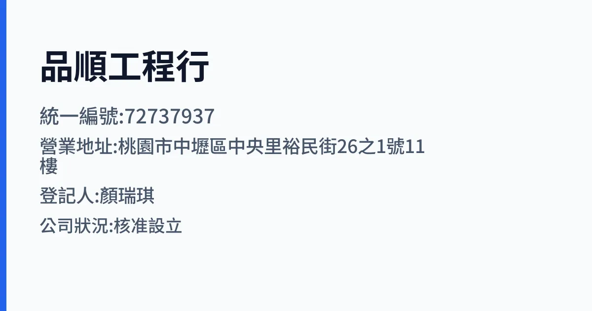 品順工程行 - 統編 72737937(桃園市) 公司登記資料與營業項目詳細圖表
