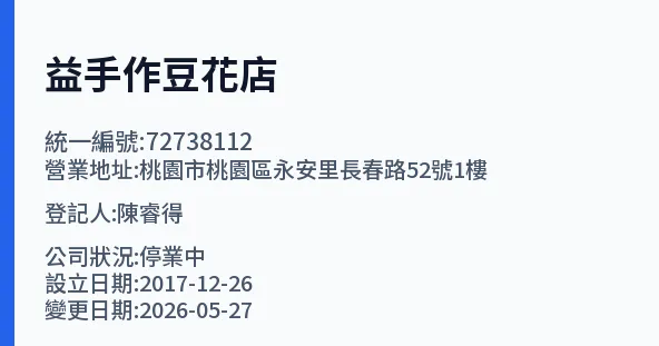 益手作豆花店的照片-統編 72738112(桃園市) 公司登記資料與營業項目詳細圖表