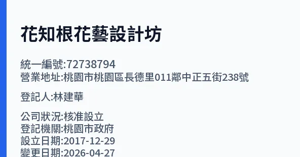 花知根花藝設計坊的照片-統編 72738794(桃園市) 公司登記資料與營業項目詳細圖表