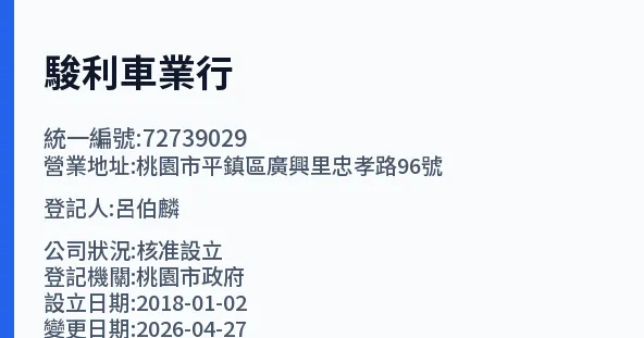 駿利車業行的照片-統編 72739029(桃園市) 公司登記資料與營業項目詳細圖表