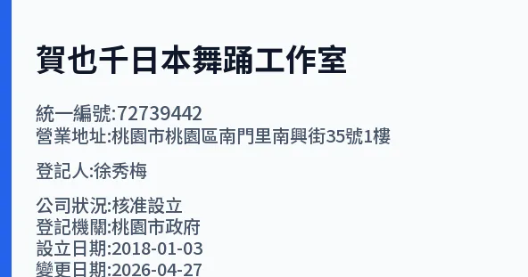 賀也千日本舞踊工作室的照片-統編 72739442(桃園市) 公司登記資料與營業項目詳細圖表
