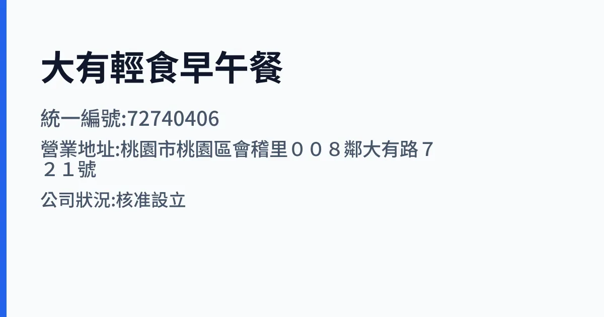 大有輕食早午餐 - 統編 72740406(桃園市) 公司登記資料與營業項目詳細圖表