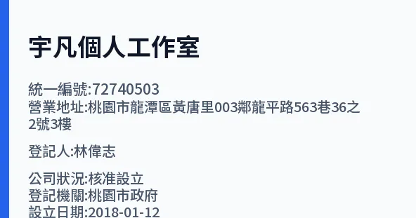 宇凡個人工作室的照片-統編 72740503(桃園市) 公司登記資料與營業項目詳細圖表