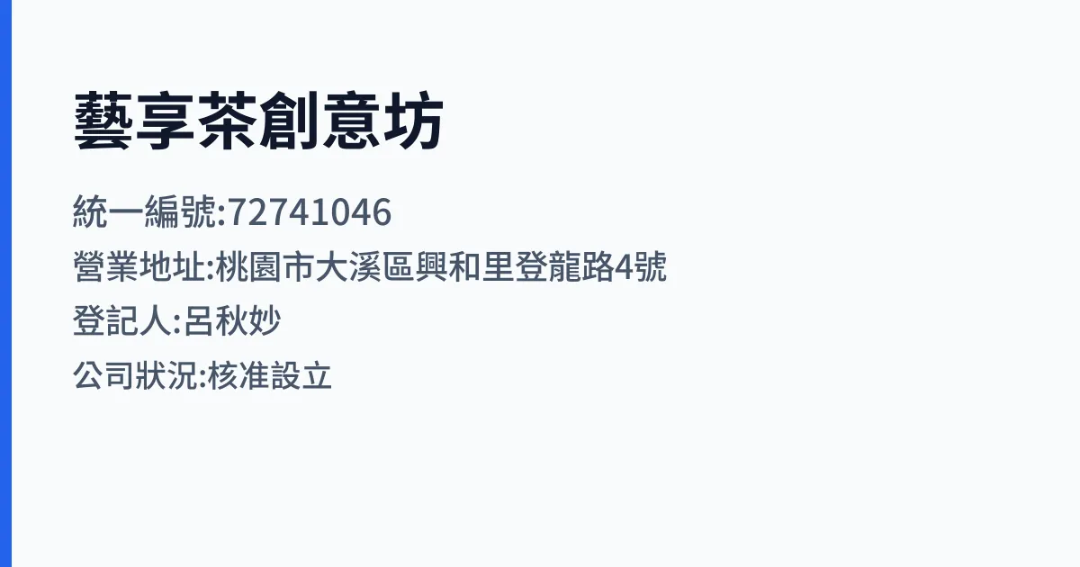 藝享茶創意坊 - 統編 72741046(桃園市) 公司登記資料與營業項目詳細圖表