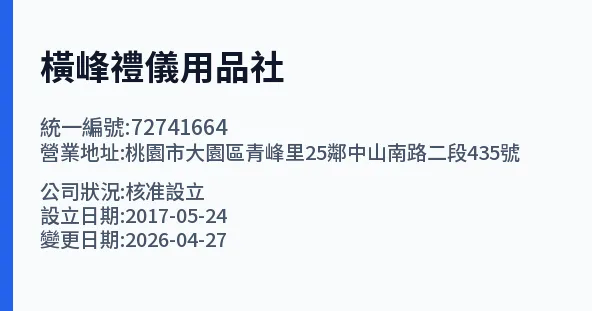 橫峰禮儀用品社的照片-統編 72741664(桃園市) 公司登記資料與營業項目詳細圖表