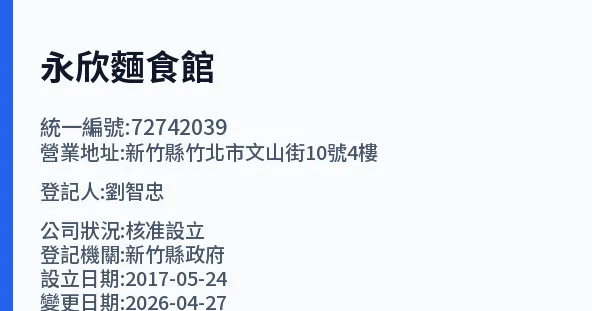 永欣麵食館的照片-統編 72742039(新竹縣) 公司登記資料與營業項目詳細圖表
