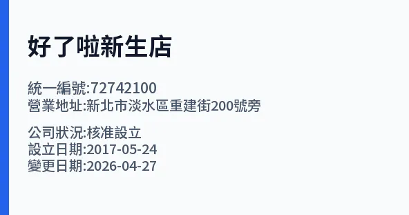 好了啦新生店的照片-統編 72742100(新北市) 公司登記資料與營業項目詳細圖表