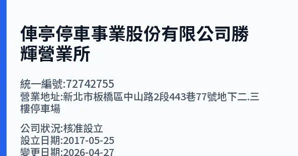 俥亭停車事業股份有限公司勝輝營業所的照片-統編 72742755(新北市) 公司登記資料與營業項目詳細圖表