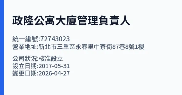 政隆公寓大廈管理負責人的照片-統編 72743023(新北市) 公司登記資料與營業項目詳細圖表