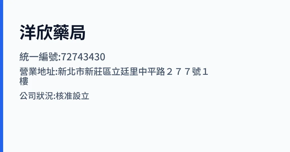 洋欣藥局 - 統編 72743430(新北市) 公司登記資料與營業項目詳細圖表