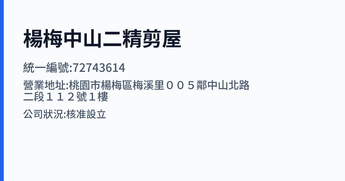楊梅中山二精剪屋 - 統編 72743614(桃園市) 公司登記資料與營業項目詳細圖表