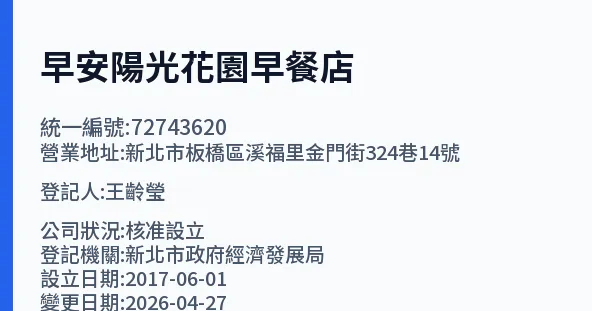 早安陽光花園早餐店的照片-統編 72743620(新北市) 公司登記資料與營業項目詳細圖表
