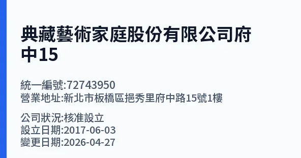 典藏藝術家庭股份有限公司府中15的照片-統編 72743950(新北市) 公司登記資料與營業項目詳細圖表