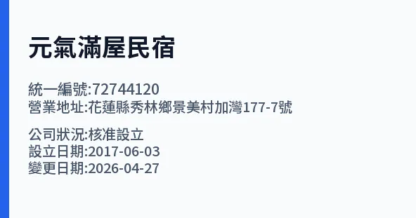 元氣滿屋民宿的照片-統編 72744120(花蓮縣) 公司登記資料與營業項目詳細圖表