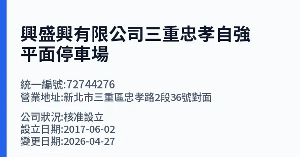 興盛興有限公司三重忠孝自強平面停車場的照片-統編 72744276(新北市) 公司登記資料與營業項目詳細圖表