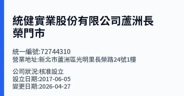 統健實業股份有限公司蘆洲長榮門市的照片-統編 72744310(新北市) 公司登記資料與營業項目詳細圖表