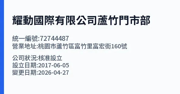 耀動國際有限公司蘆竹門市部的照片-統編 72744487(桃園市) 公司登記資料與營業項目詳細圖表
