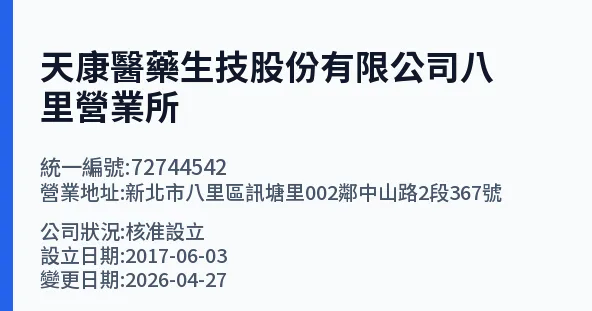 天康醫藥生技股份有限公司八里營業所的照片-統編 72744542(新北市) 公司登記資料與營業項目詳細圖表