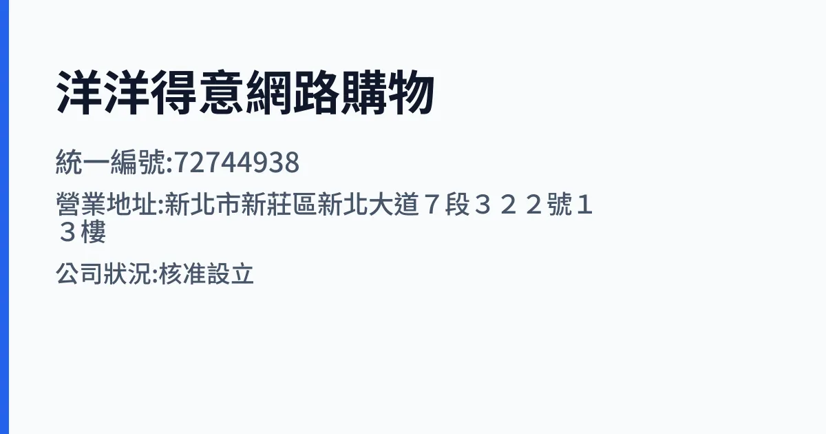 洋洋得意網路購物 - 統編 72744938(新北市) 公司登記資料與營業項目詳細圖表