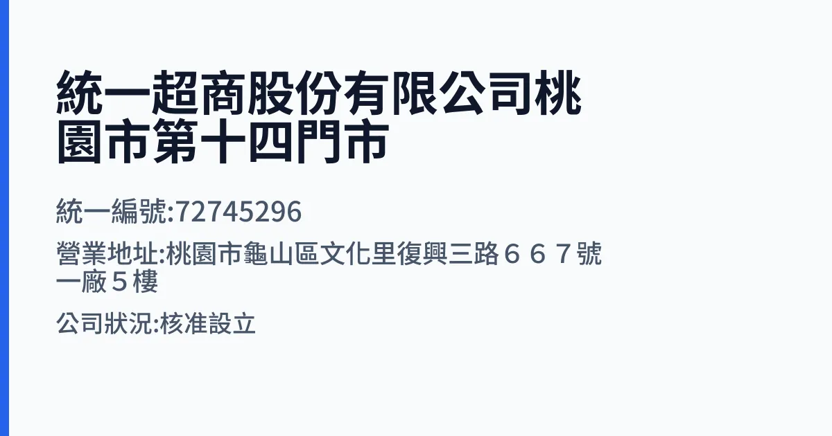 統一超商股份有限公司桃園市第十四門市 - 統編 72745296(桃園市) 公司登記資料與營業項目詳細圖表