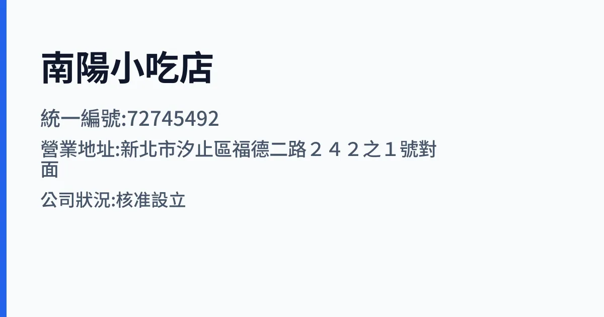 南陽小吃店 - 統編 72745492(新北市) 公司登記資料與營業項目詳細圖表
