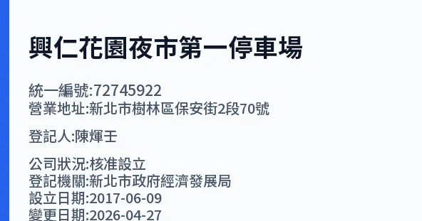 興仁花園夜市第一停車場的照片-統編 72745922(新北市) 公司登記資料與營業項目詳細圖表