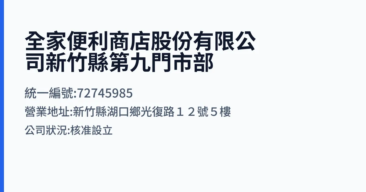 全家便利商店股份有限公司新竹縣第九門市部 - 統編 72745985(新竹縣) 公司登記資料與營業項目詳細圖表