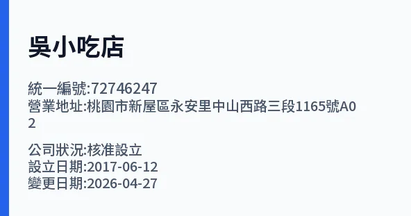 吳小吃店的照片-統編 72746247(桃園市) 公司登記資料與營業項目詳細圖表