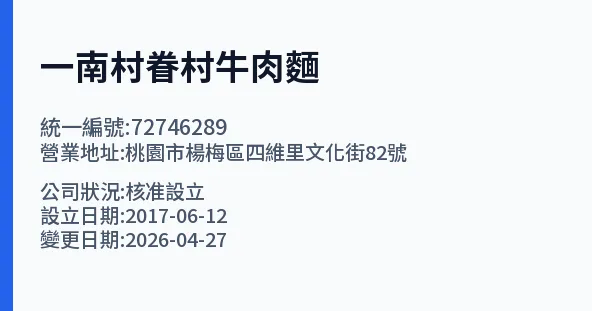 一南村眷村牛肉麵的照片-統編 72746289(桃園市) 公司登記資料與營業項目詳細圖表