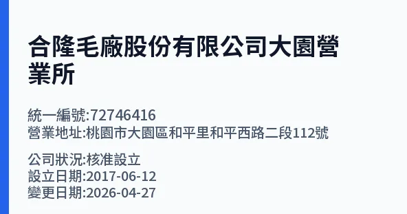 合隆毛廠股份有限公司大園營業所的照片-統編 72746416(桃園市) 公司登記資料與營業項目詳細圖表