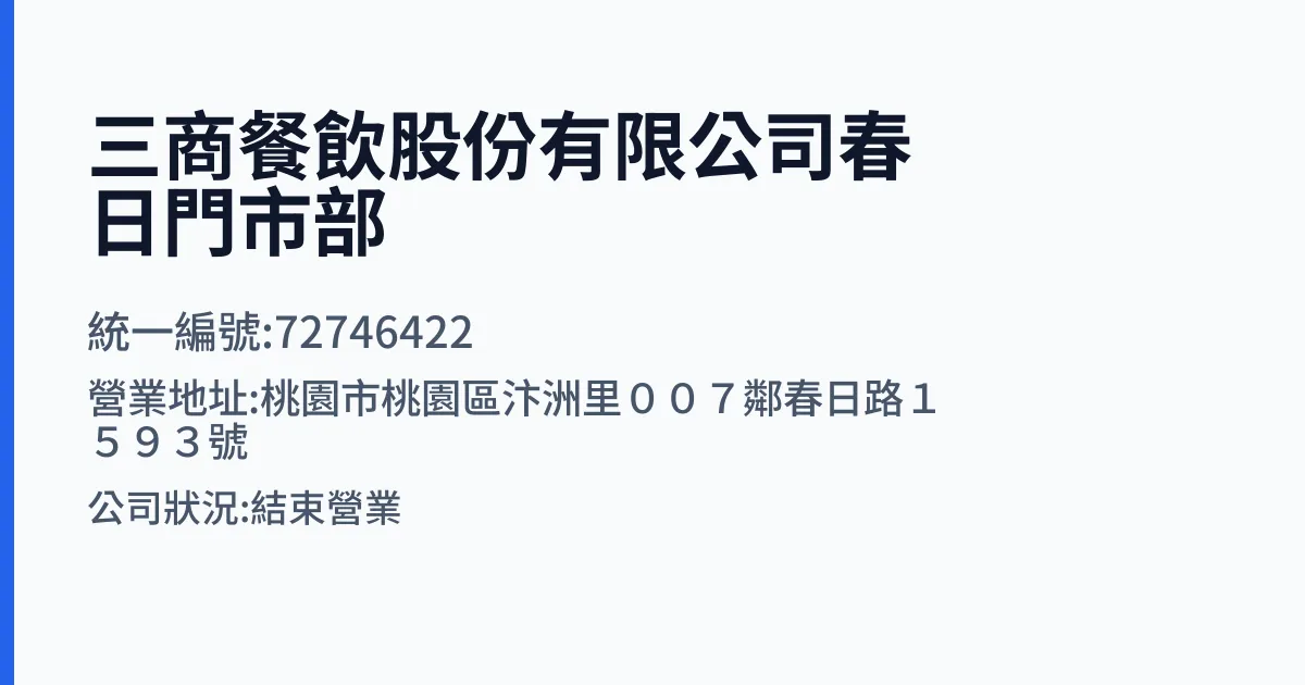三商餐飲股份有限公司春日門市部 - 統編 72746422(桃園市) 公司登記資料與營業項目詳細圖表